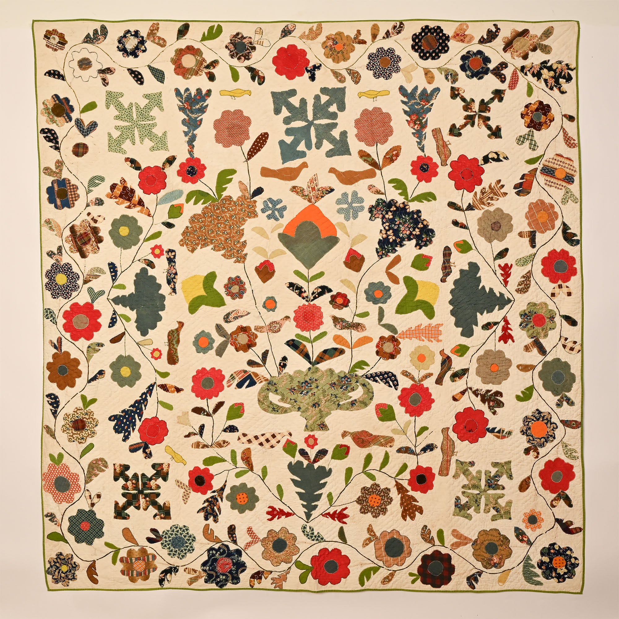 Exuberant Pot of Flowers Quilt with Birds