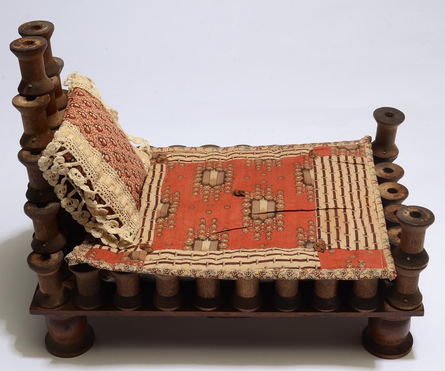 Spool Doll Bed with Linens Dated 1905