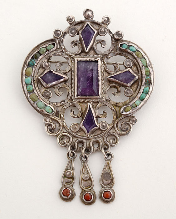 Matl Silver Brooch with Amethyst and Turquoise